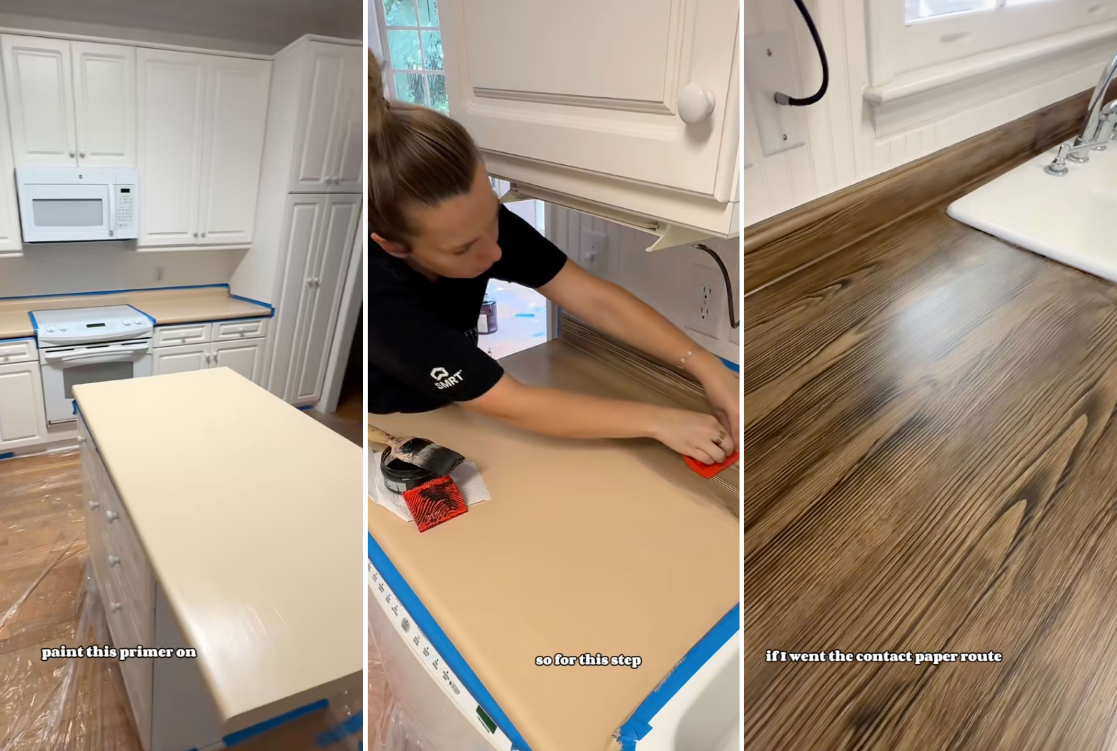 Woman Uses Wood Stain Kit to Upgrade Laminate Kitchen Countertops ...